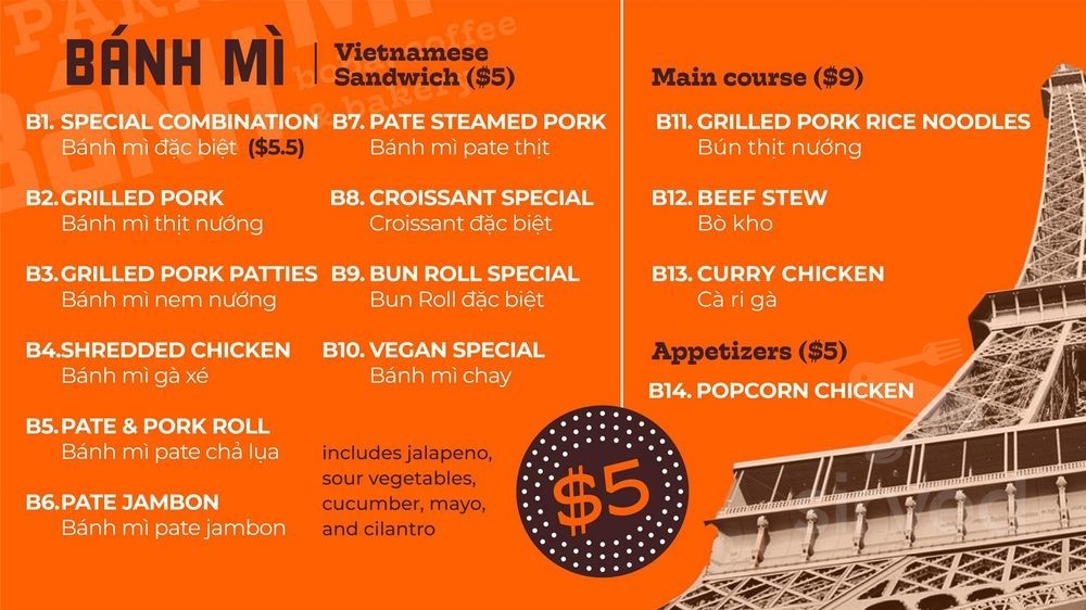 Paris Bánh Mì Cafe Bakery menu in Jacksonville, Florida, USA