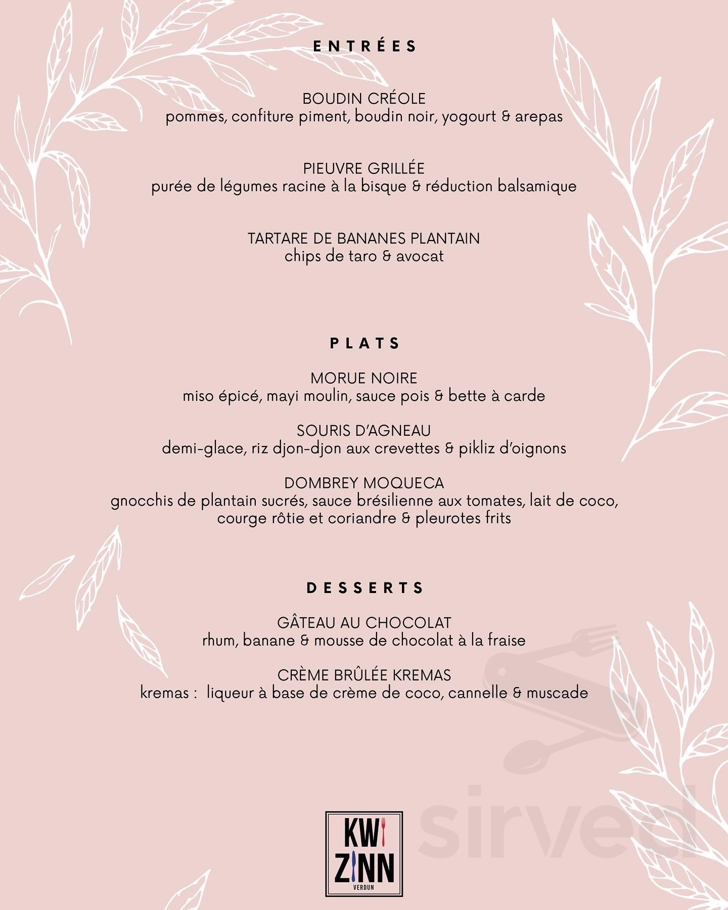 Kwizinn Verdun menu in Verdun, Quebec H4G 1V3, Canada