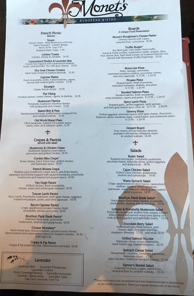Monets Wine Bistro menu in Exeter, California, USA