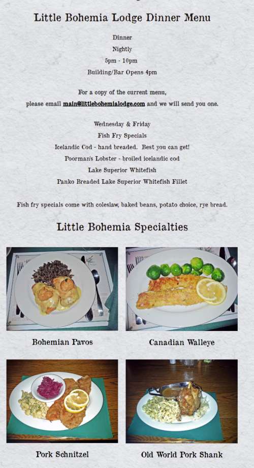 Little Bohemia Lodge menu in Manitowish Waters, Wisconsin, USA