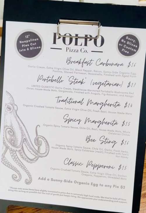 Polpo Pizza Company menu in Sarasota, Florida, USA