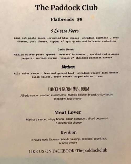 The Paddock Club menu in Watertown, New York, USA