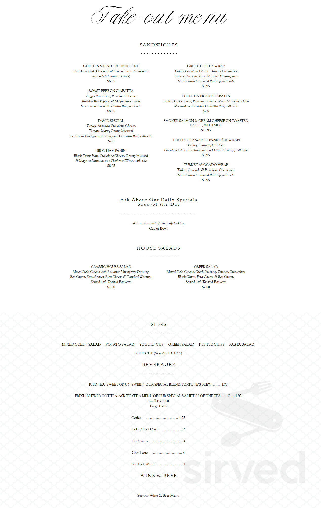 Cornwallis House Tea Co. menu in Winnsboro, South Carolina, USA