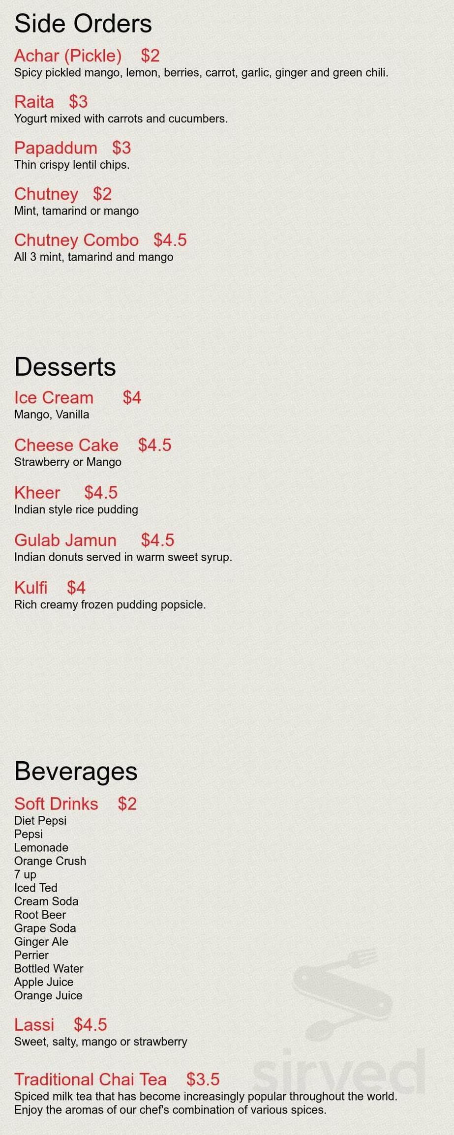 Menu - Parksville BC's Amrikko's Indian Grill | Sirved