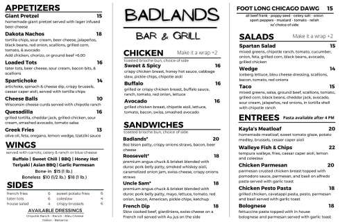 Badlands Bar & Grill menu in Tempe, Arizona, USA
