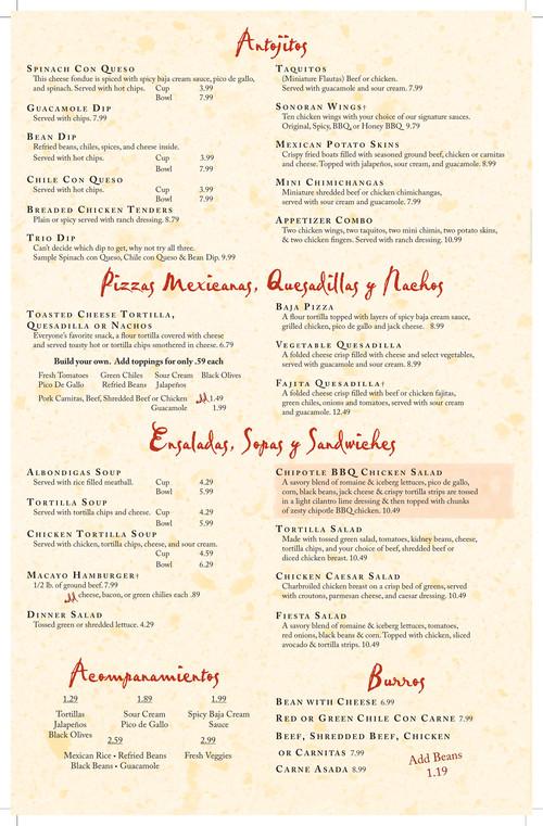 Macayo's Mexican Food menu in Scottsdale, Arizona, USA