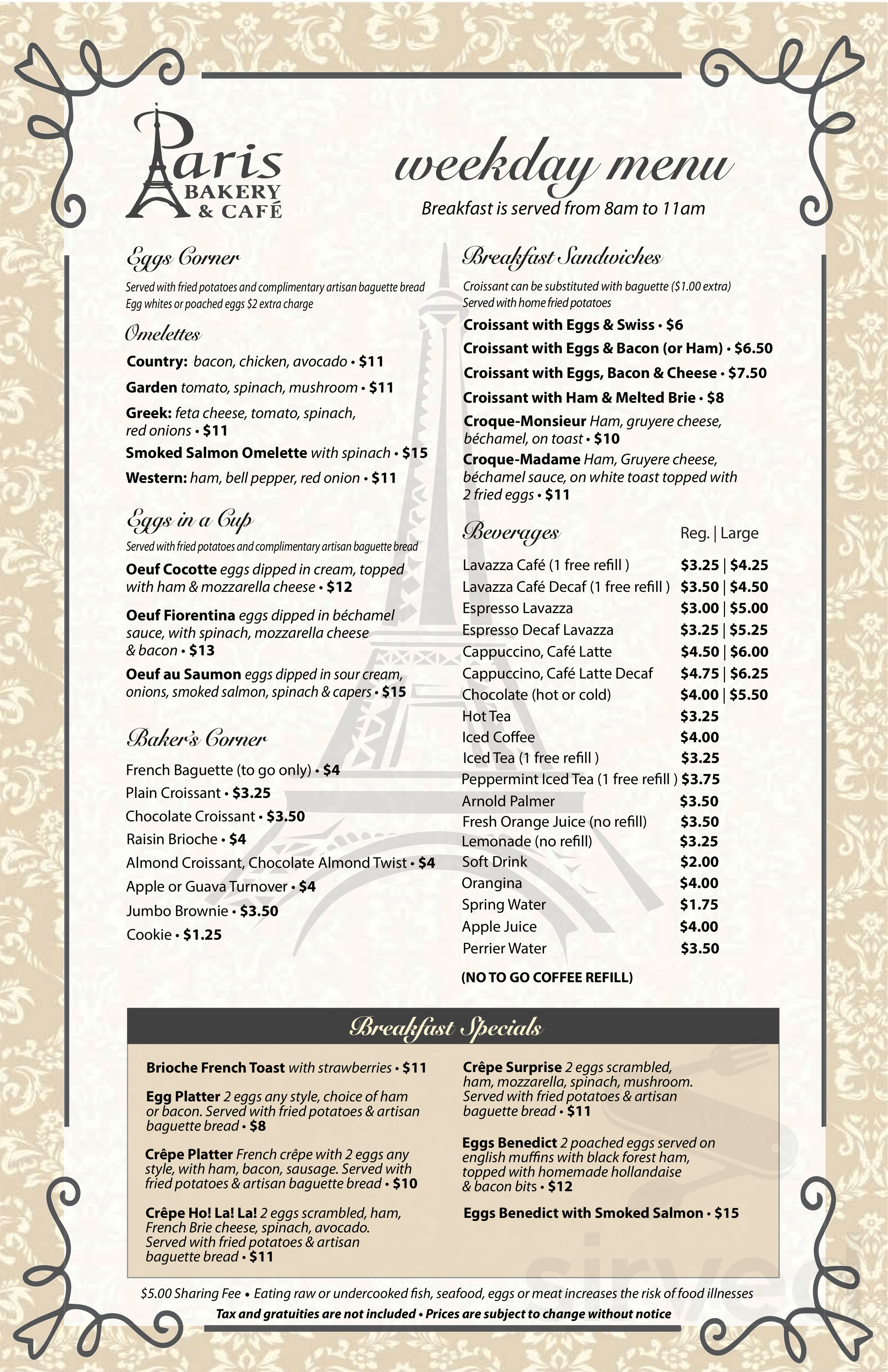 Paris Bakery & Cafe menu in West Palm Beach, Florida, USA