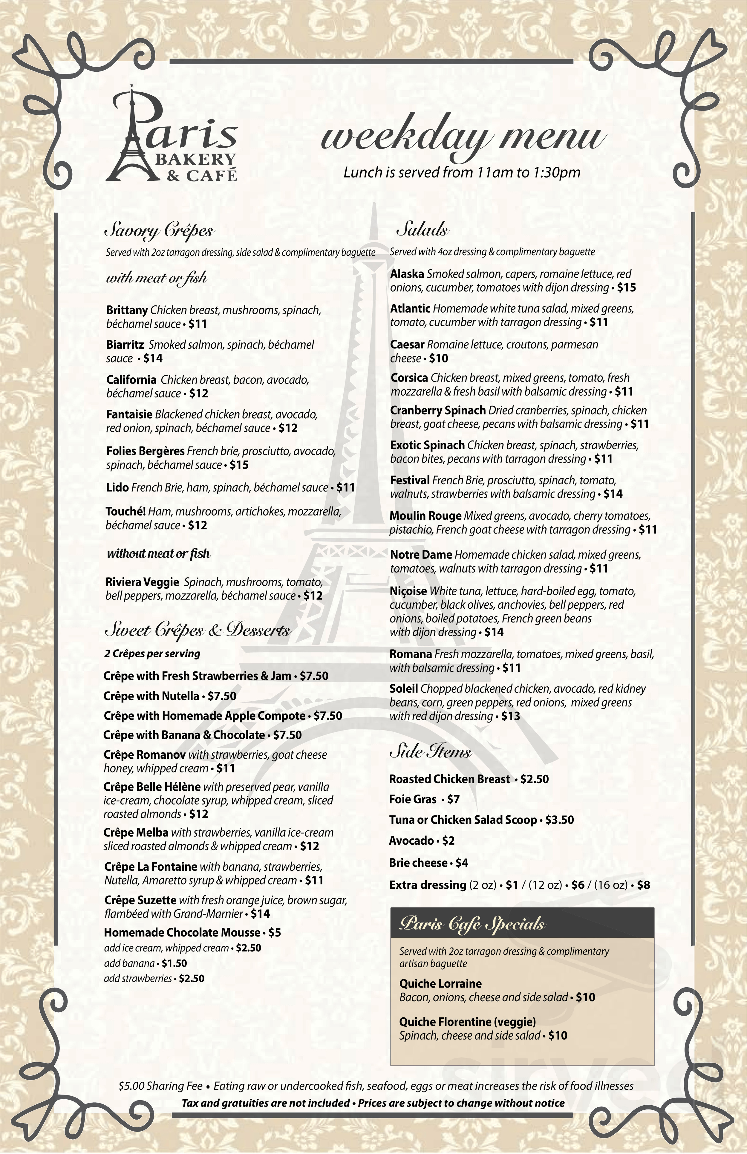 Menu for Paris Bakery & Cafe in West Palm Beach, FL | Sirved
