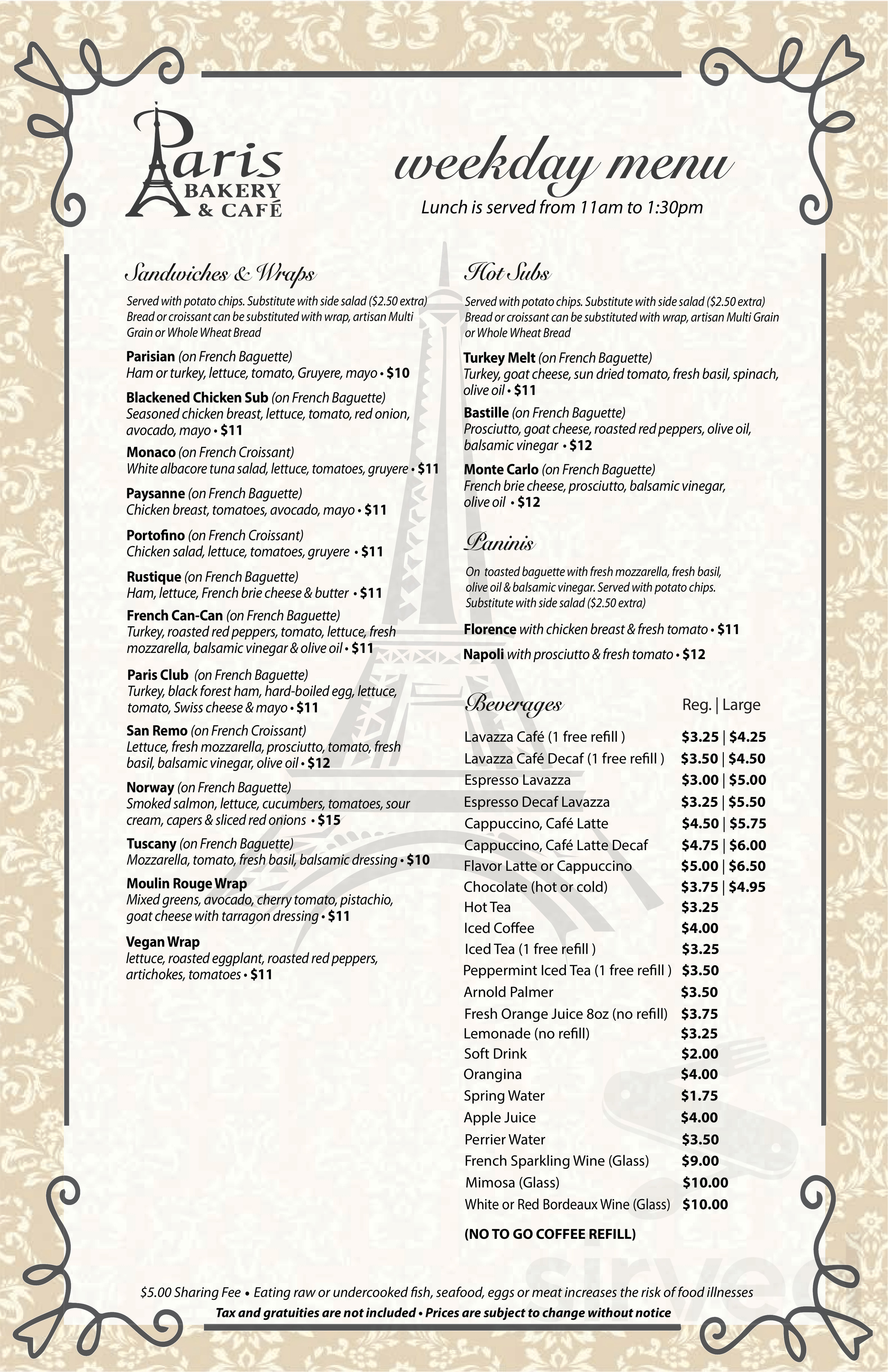 Paris Bakery & Cafe menu in West Palm Beach, Florida, USA
