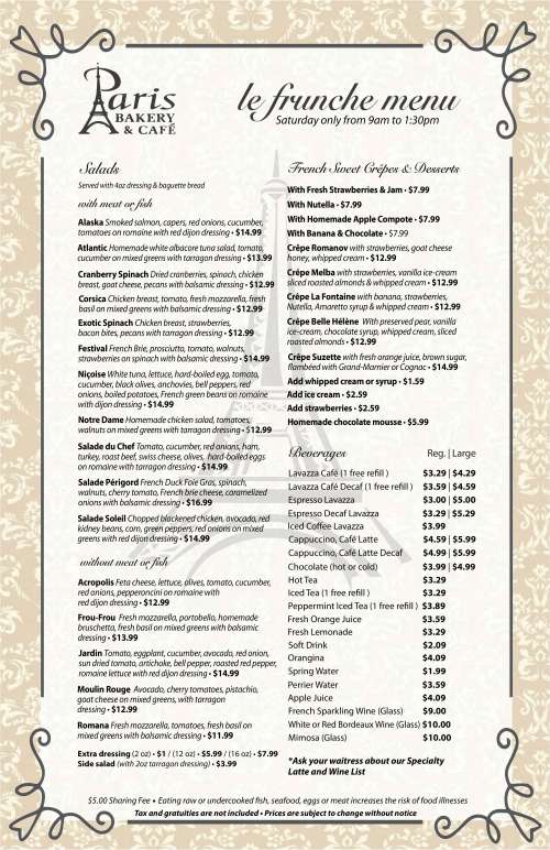 Paris Bakery & Cafe menu in West Palm Beach, Florida, USA