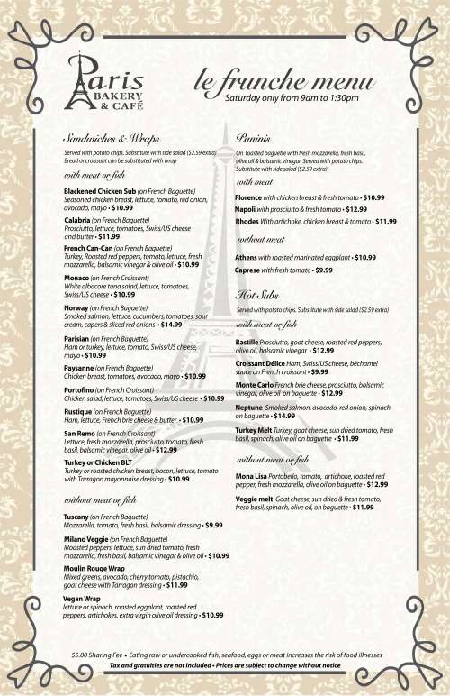 Paris Bakery & Cafe menu in West Palm Beach, Florida, USA