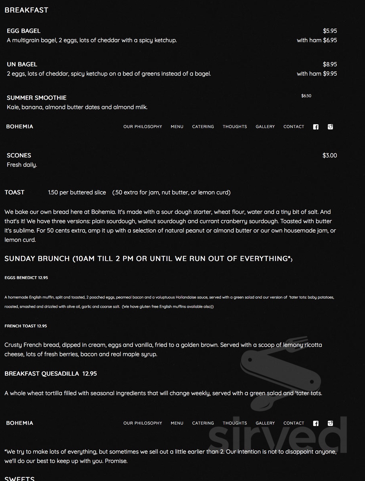 Bohemia menus in Barrie, Ontario, Canada