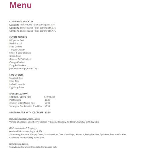 88 Eat Street Asian Fusion menu in Kingsville, Texas, USA