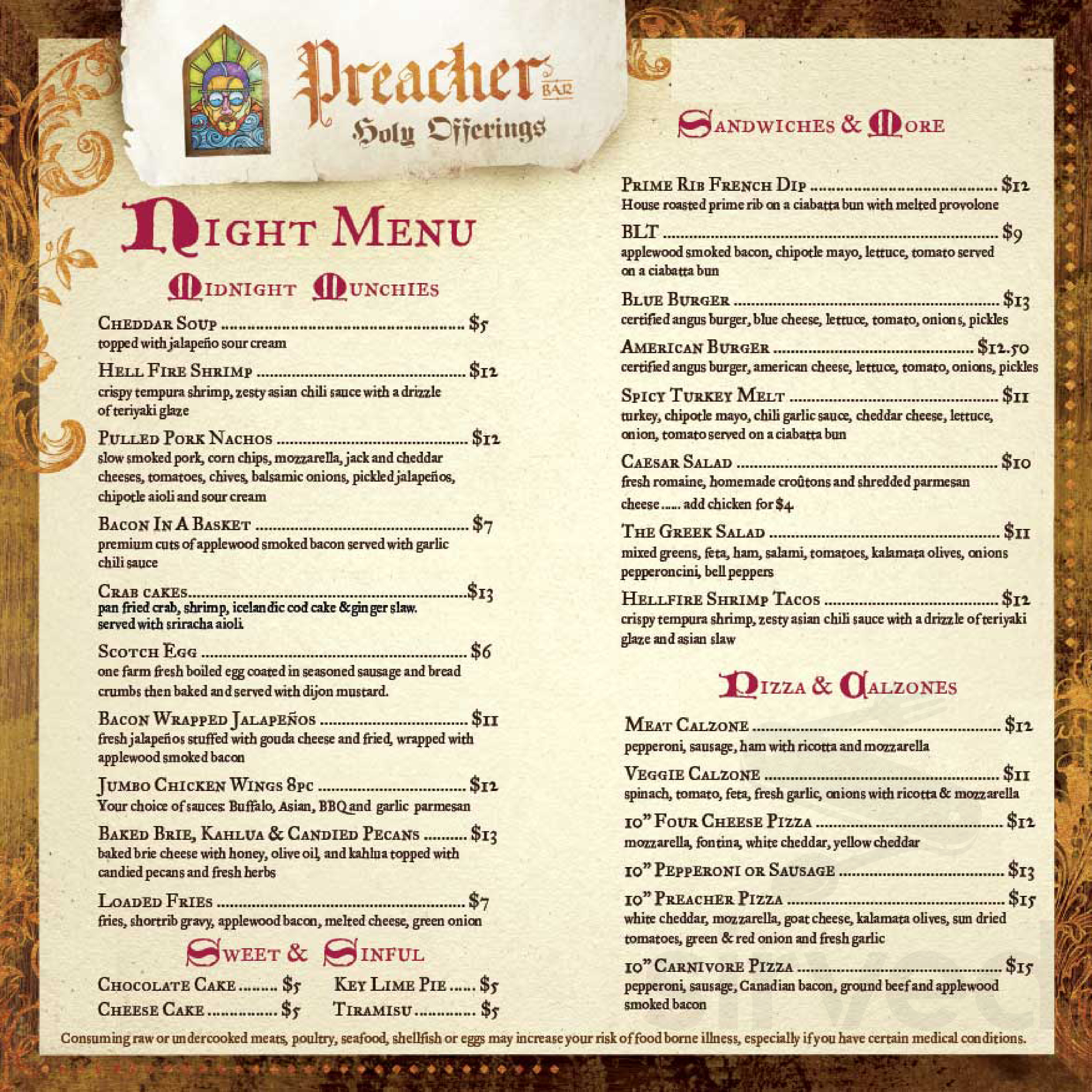 Preacher Bar menu in Cape Canaveral, Florida, USA