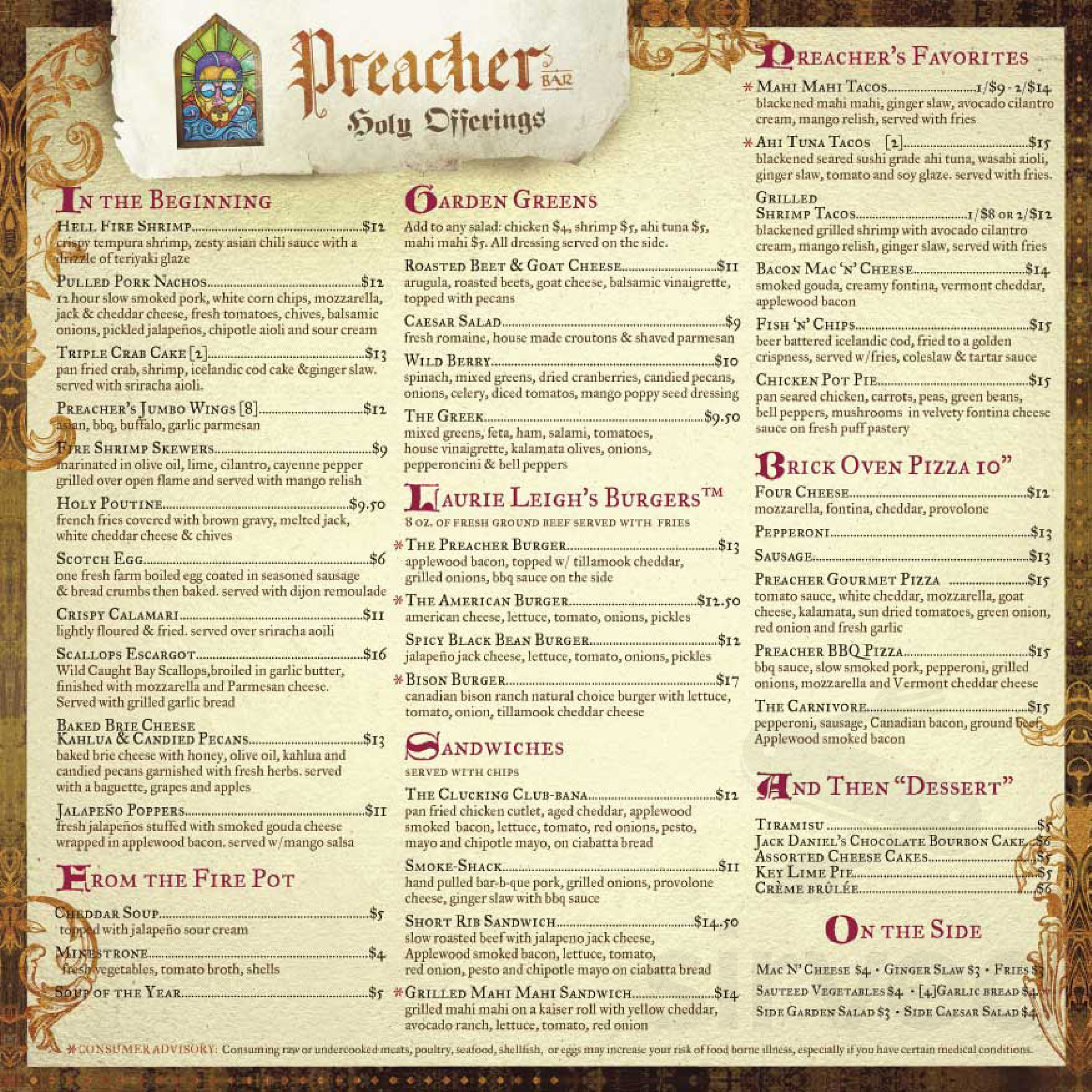 Preacher Bar menu in Cape Canaveral, Florida, USA