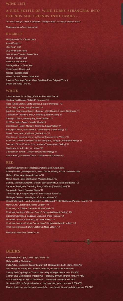 Patrick's Bar Vin menu in New Orleans, Louisiana, USA