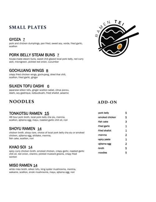 Ramen Tei menu in Manchester, Missouri, USA