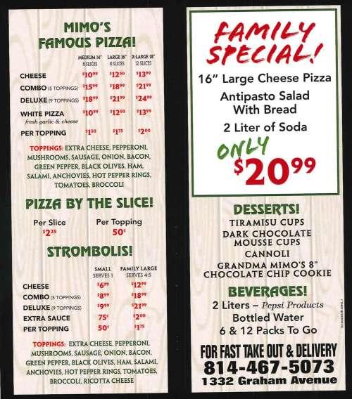 Mimo's Pizza Company menu in Windber, Pennsylvania, USA