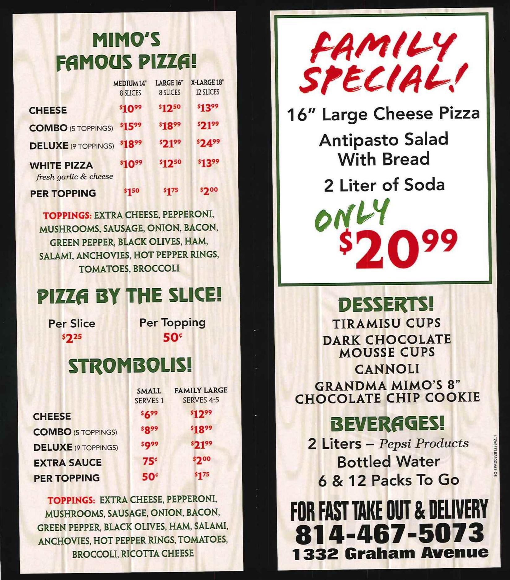 Mimo's Pizza Company menu in Windber, Pennsylvania, USA