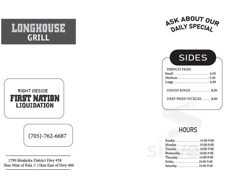 Longhouse Grill menu in Bala, Ontario, Canada