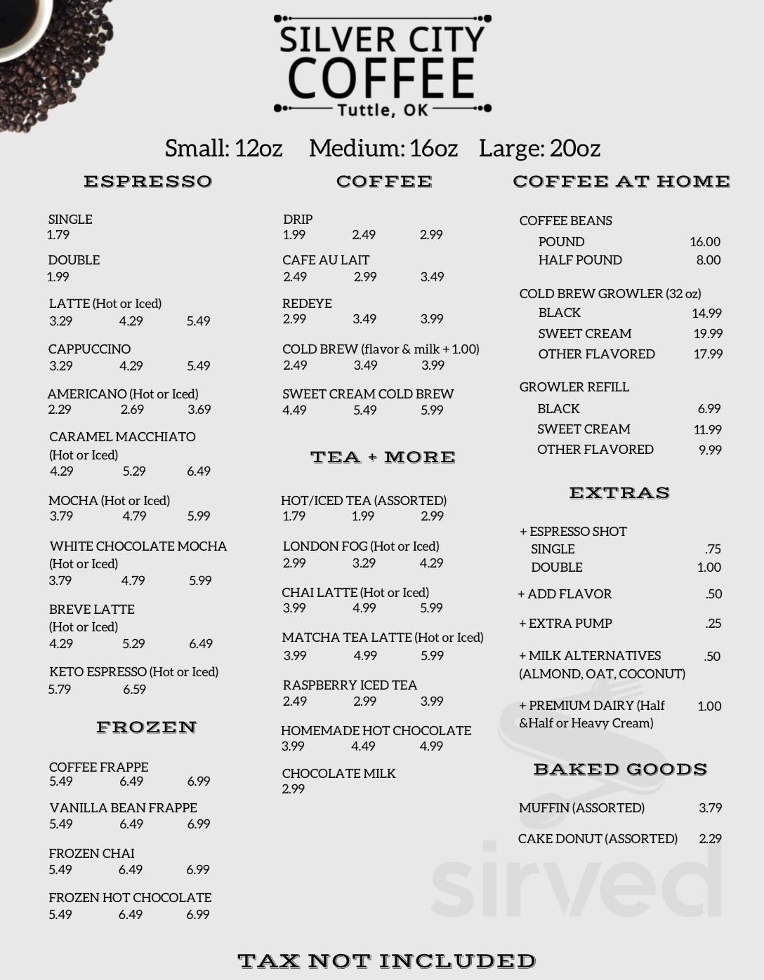 Silver City Coffee menu in Tuttle, Oklahoma, USA