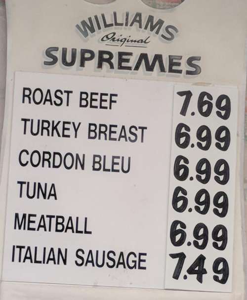 Williams Sub Shop menu in St. Petersburg, Florida, USA