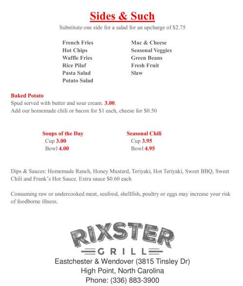 Rixster Grill menu in High Point, North Carolina, USA