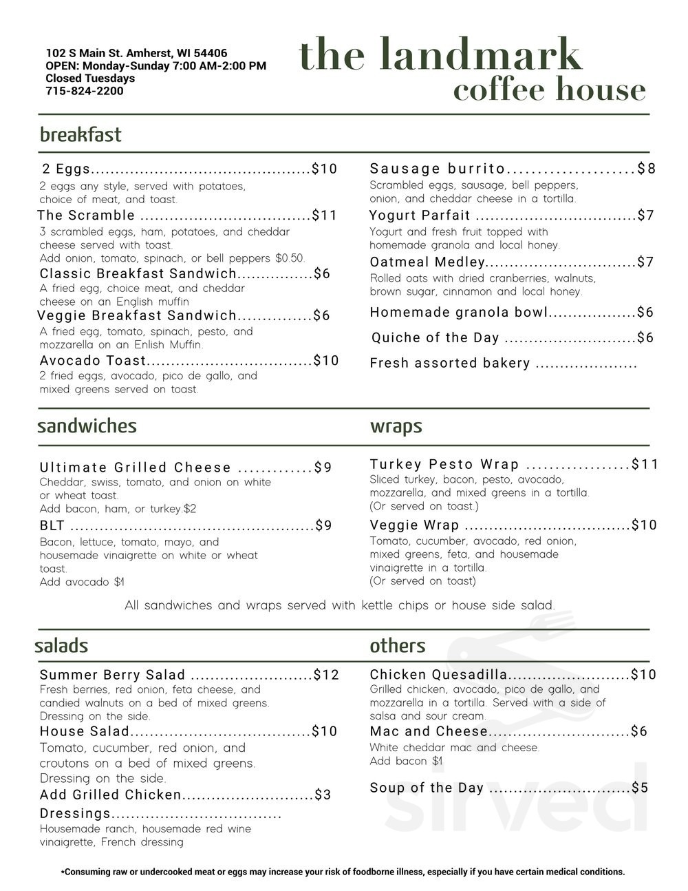 Menu - Amherst WI's The Landmark | Sirved