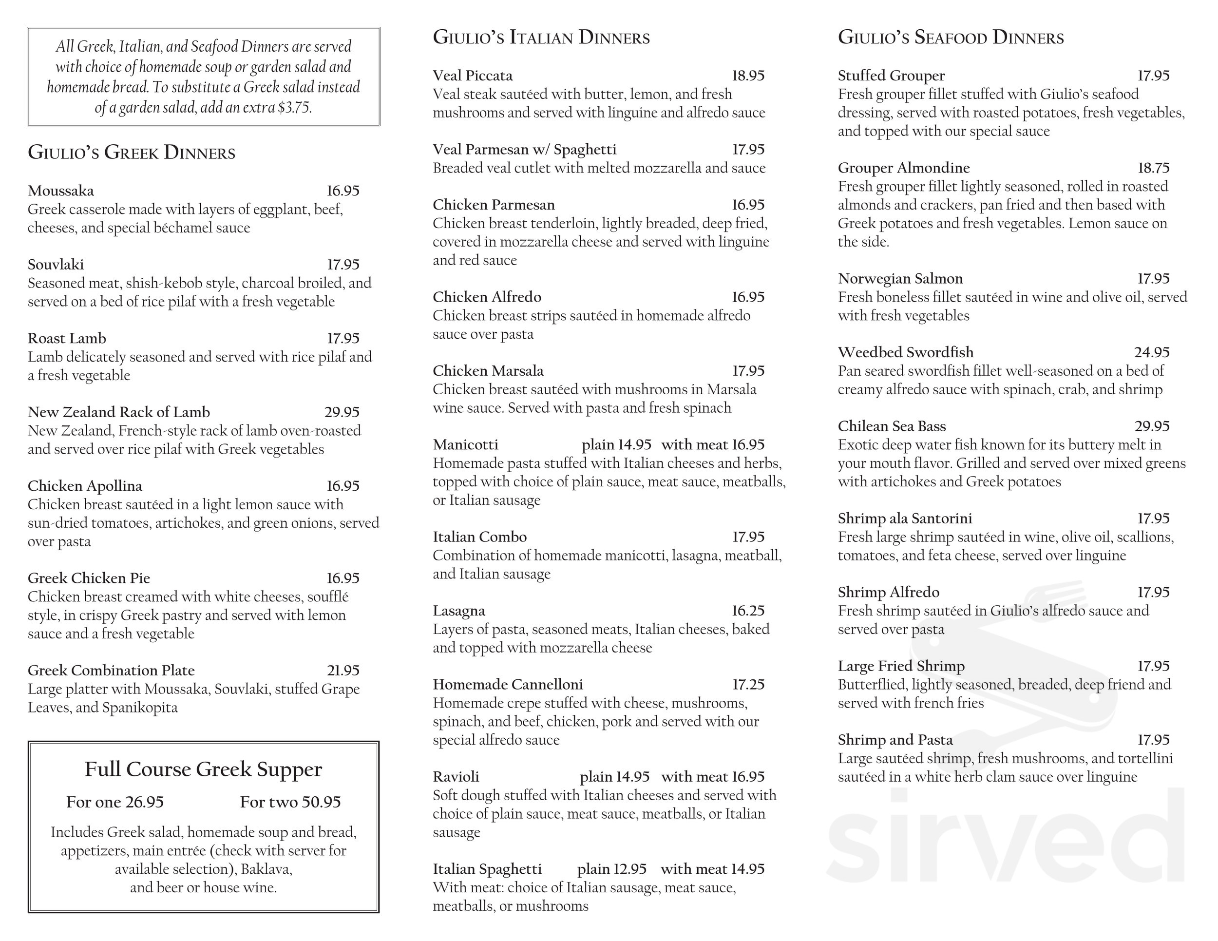 Giulio's Greek & Italian menu in Valdosta, Georgia, USA