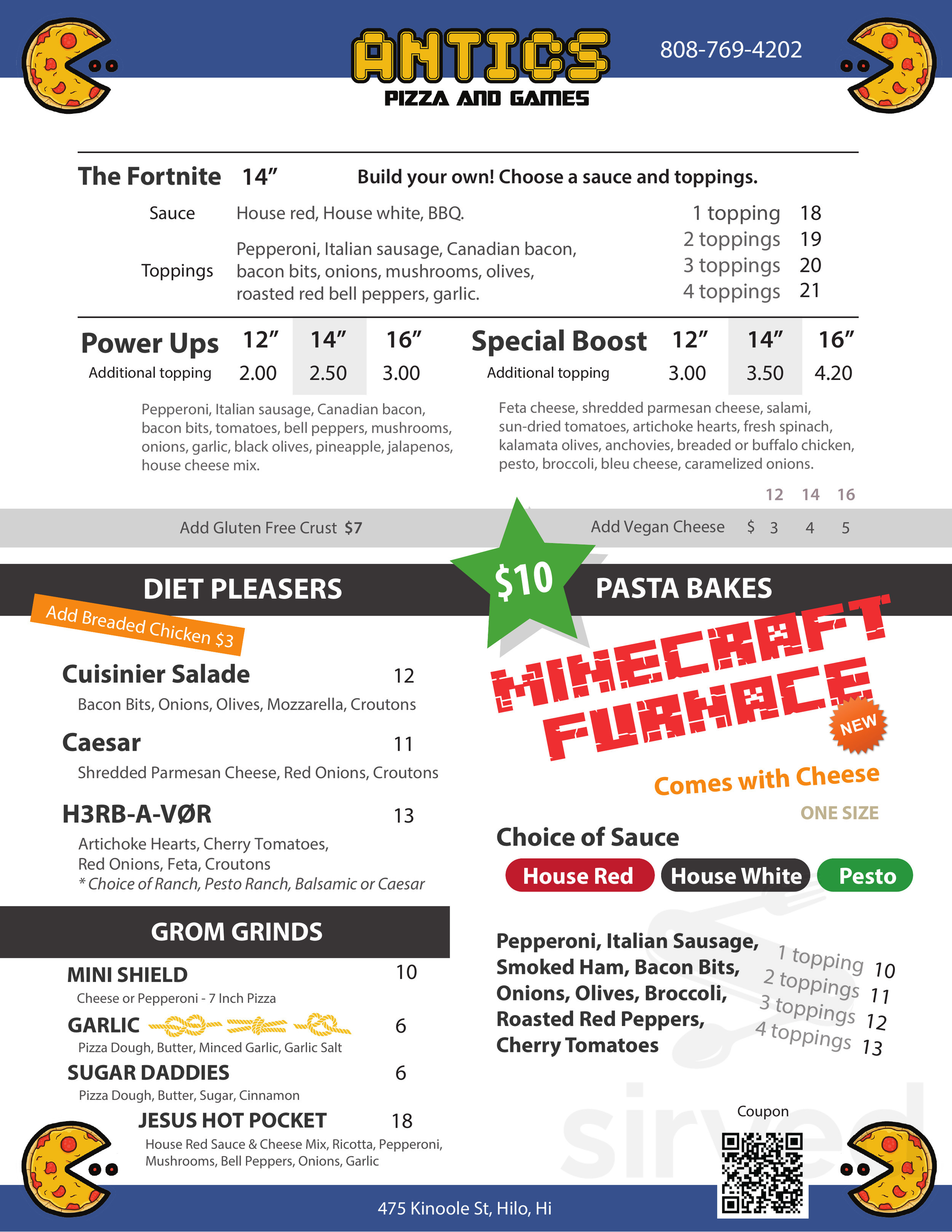 Antics Pizza menu in Hilo, Hawaii, USA