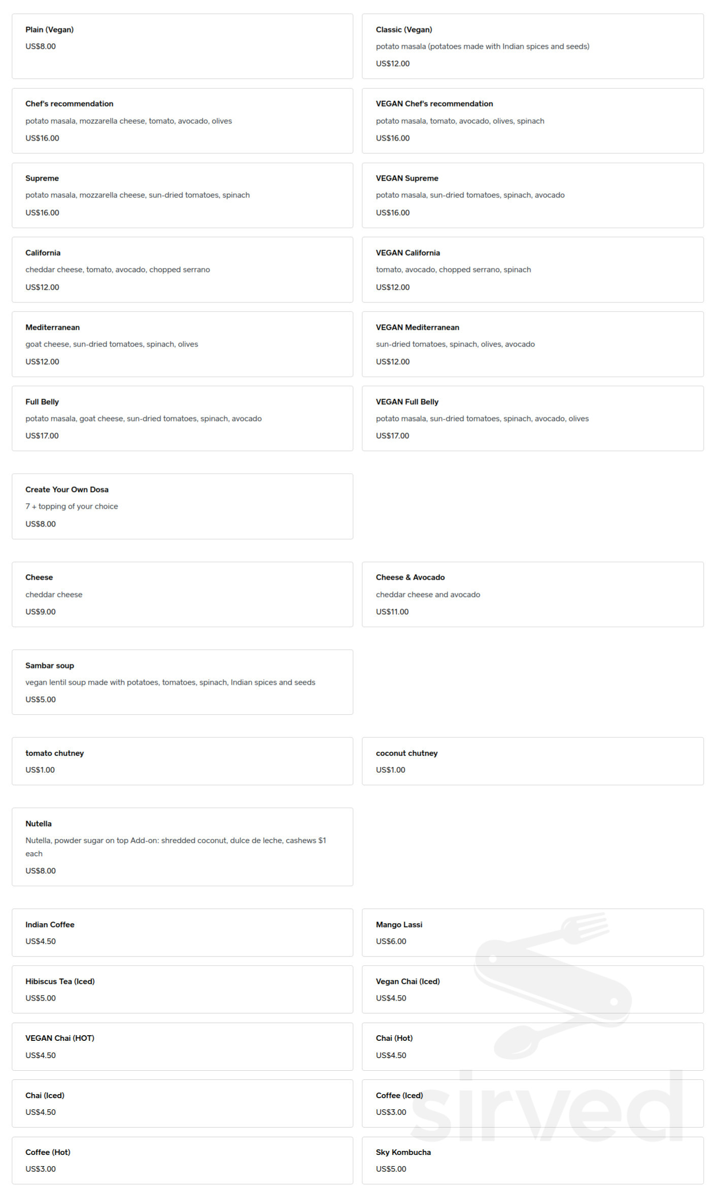 Menu for Ganesh Dosa in Kailua, HI | Sirved