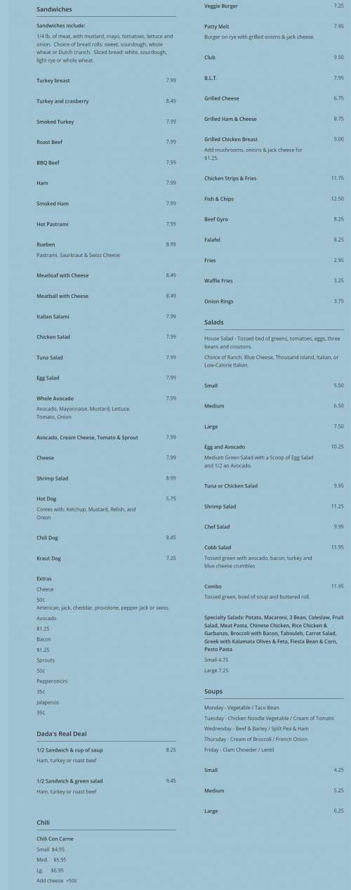Dada's Deli menu in Santa Rosa, California, USA