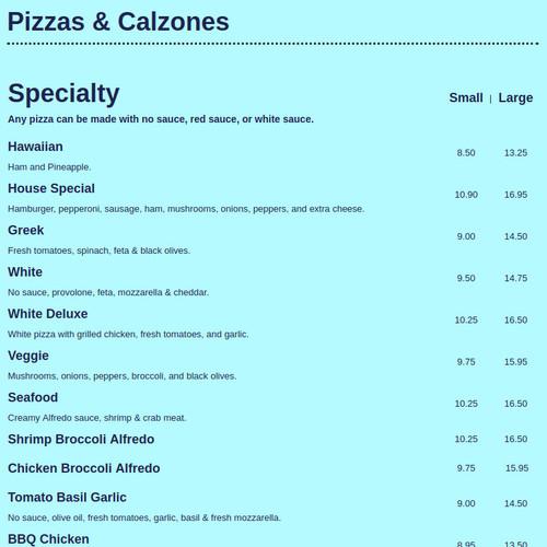 George's Pizza menu in Warren, Massachusetts, USA