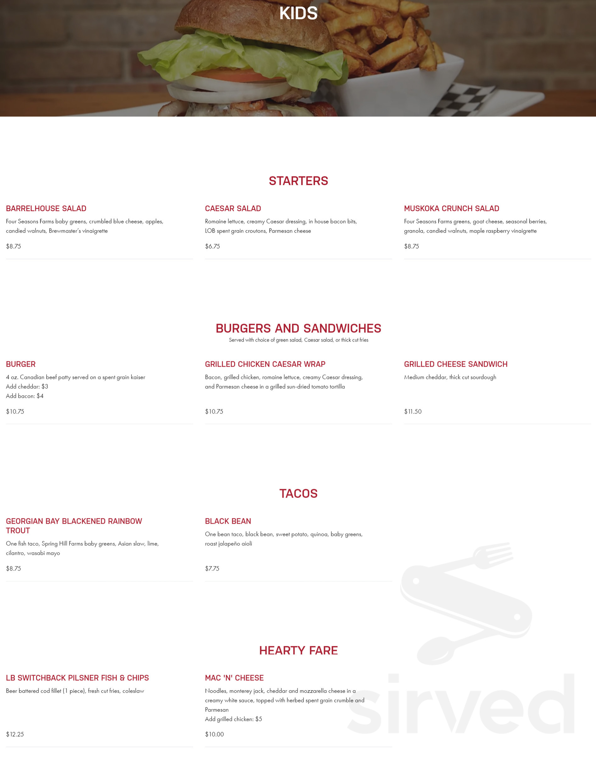 Menu for Bracebridge Barrelhouse in Bracebridge, ON | Sirved