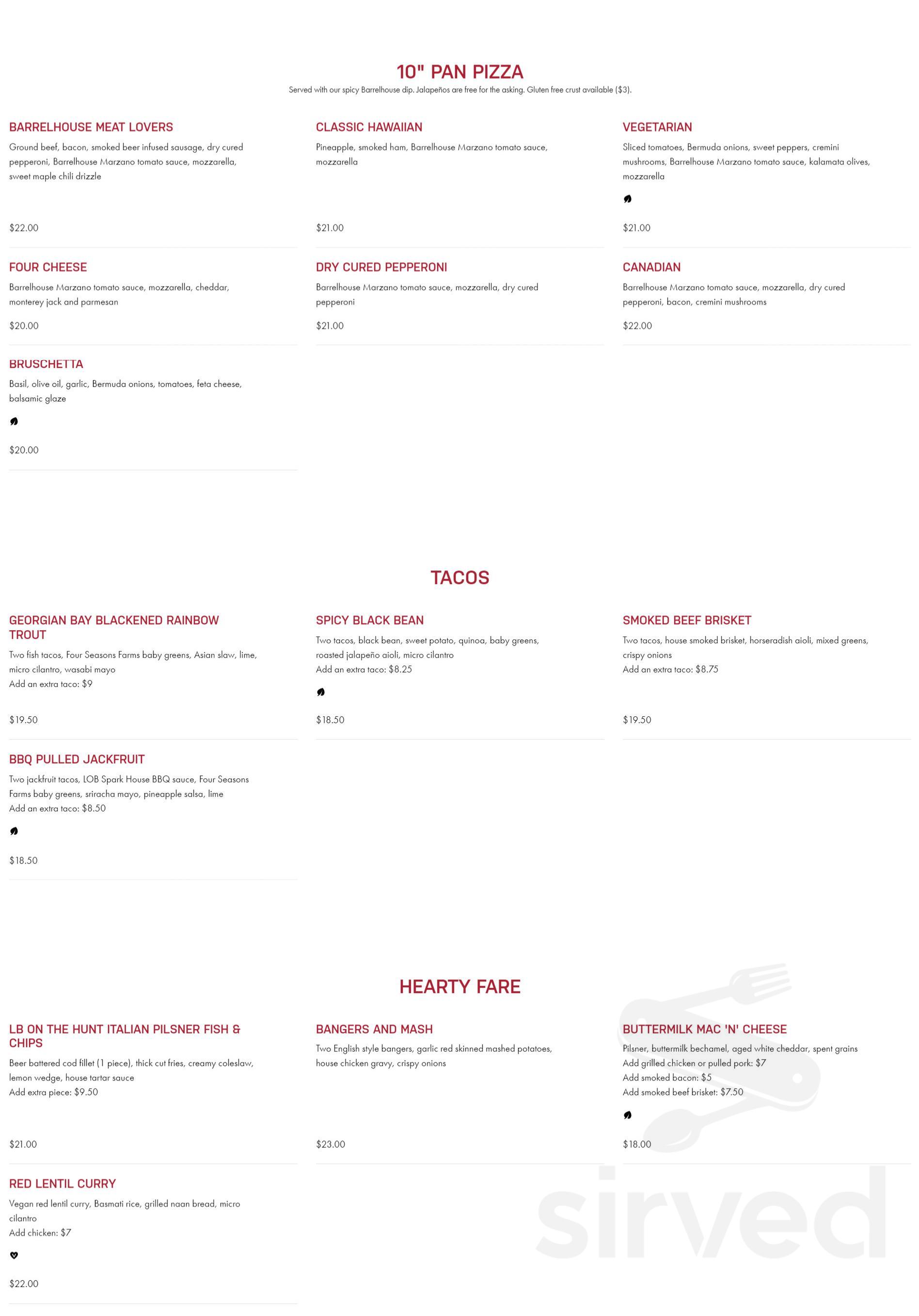 Bracebridge Barrelhouse menu in Bracebridge, Ontario, Canada