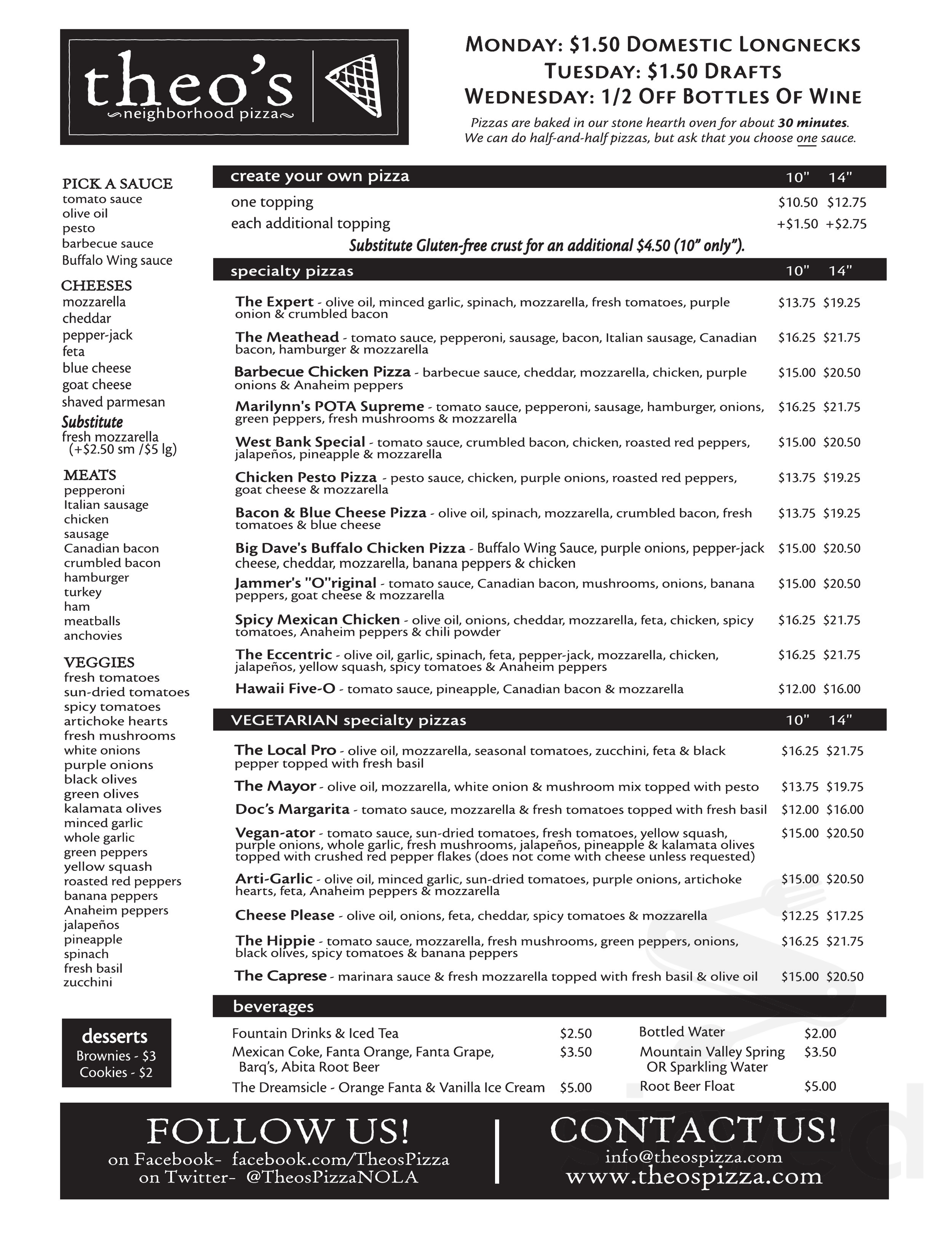 Theo's Neighborhood Pizza, Metairie menus in Metairie, Louisiana ...