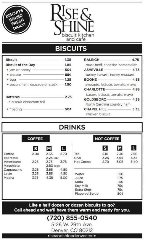 Rise & Shine Biscuit Kitchen menu in Denver, Colorado, USA