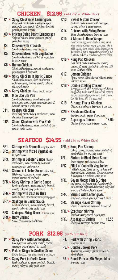 Seven Moons menu in Coventry, Rhode Island, USA
