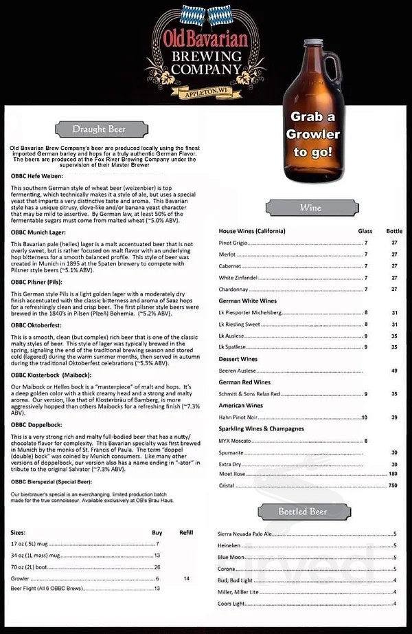 Menu - Appleton WI's OB's Brau Haus (Restaurant & Dance Club) | Sirved