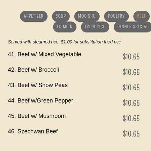 A 8 Chinese Restaurant menu in Williamsburg, Iowa, USA