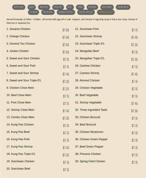 A 8 Chinese Restaurant menu in Williamsburg, Iowa, USA