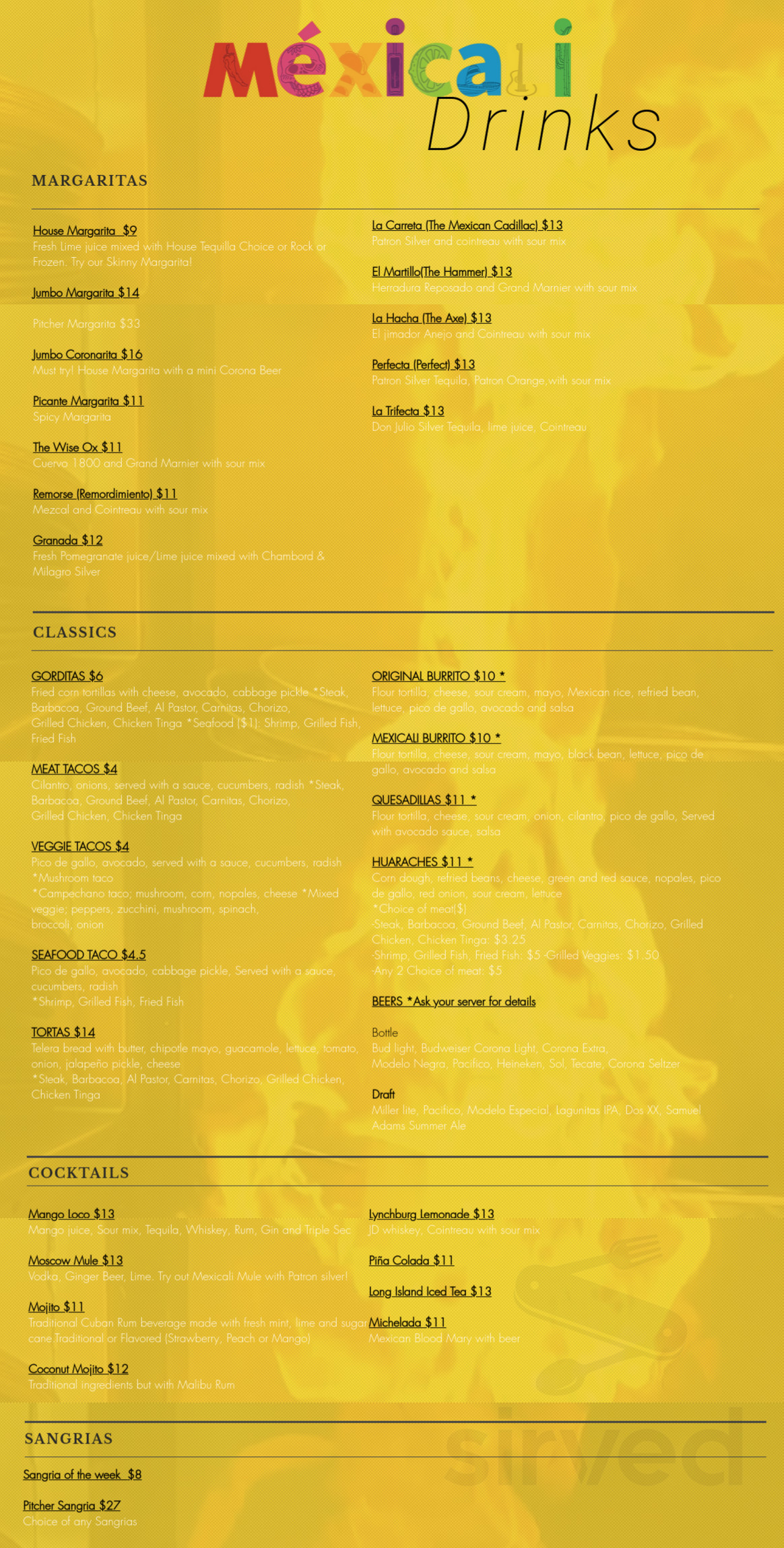 Mexicali Blues menu in Arlington, Virginia, USA