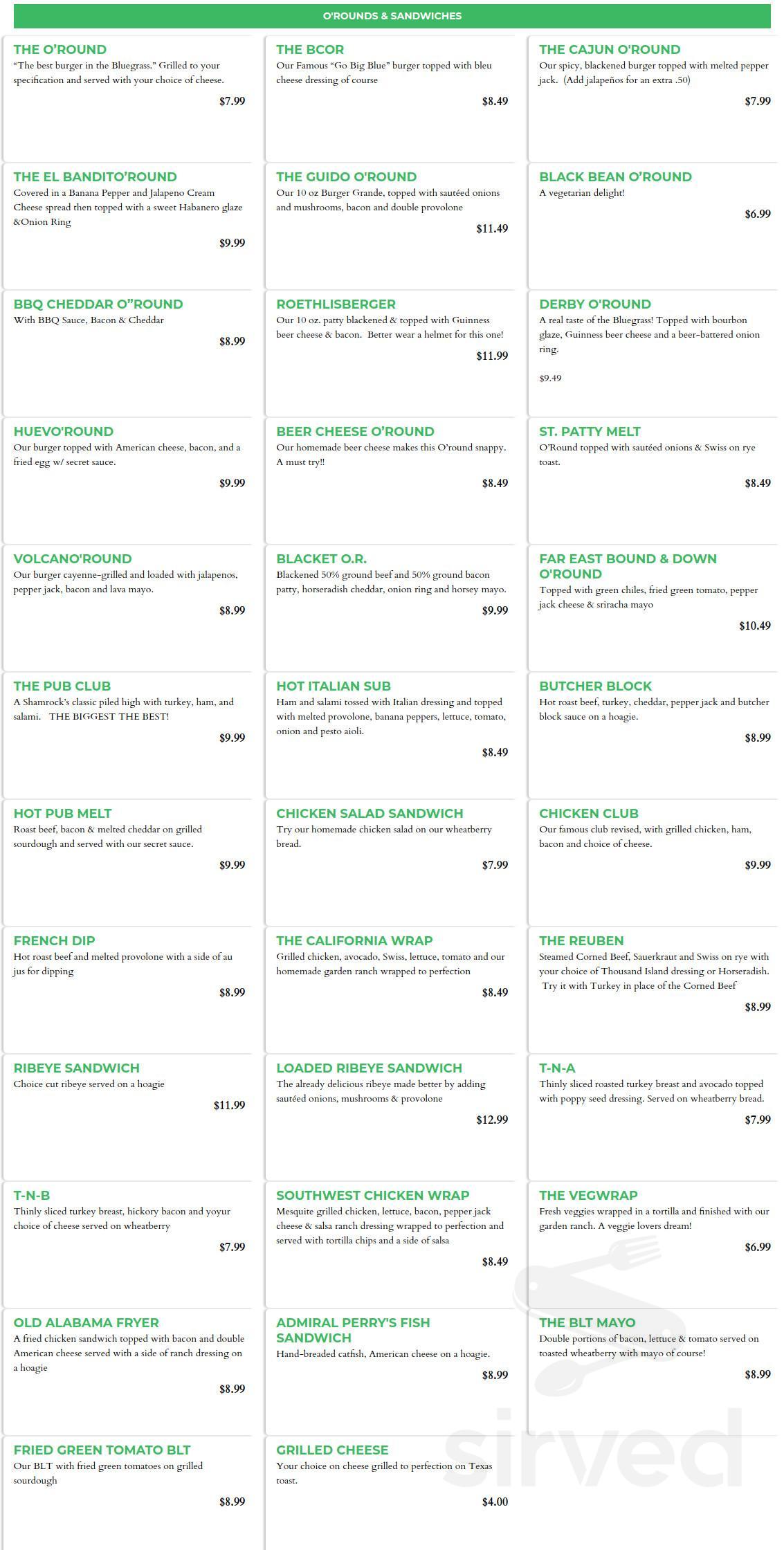 Shamrock Bar & Grille menus in Lexington, Kentucky, United States