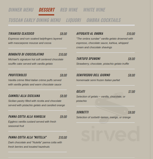 Ombra Cucina Italiana menu in Hilton Head Island, South Carolina, USA