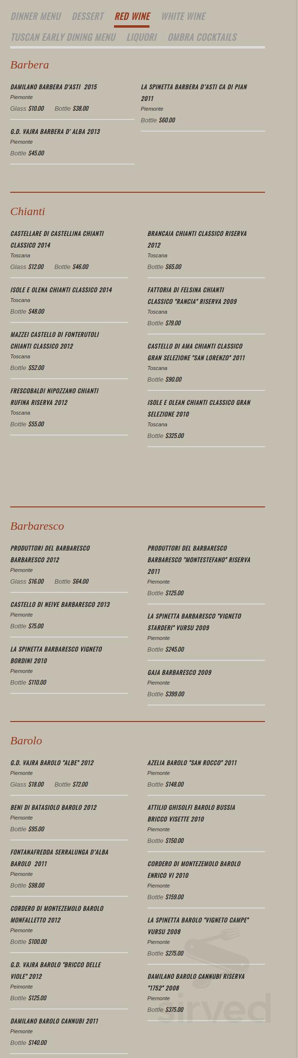 Ombra Cucina Italiana menu in Hilton Head Island, South Carolina, USA
