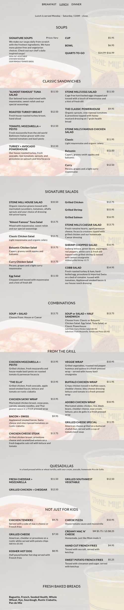 Stone Mill Bakery & Cafe menu in Timonium, Maryland, USA