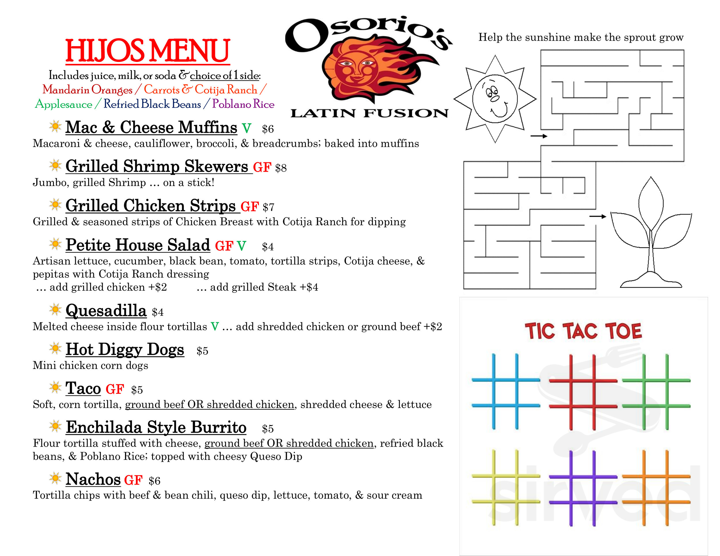Osorio's Latin Fusion menu in Appleton, Wisconsin, USA