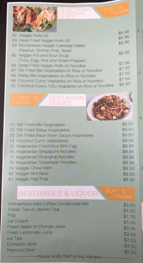 Bun's House Restaurant menu in Saskatoon, Saskatchewan, Canada