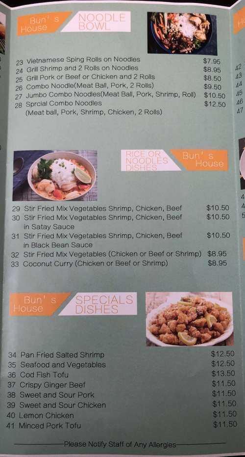Bun's House Restaurant menu in Saskatoon, Saskatchewan, Canada