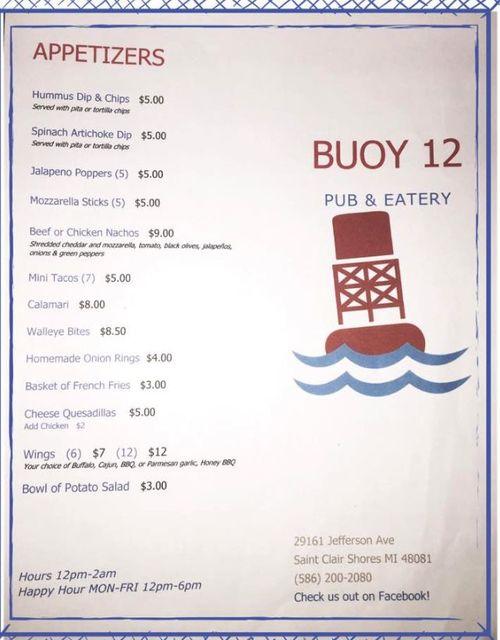 The Buoy 12 Pub & Eatery menu in St Clair Shores, Michigan, USA